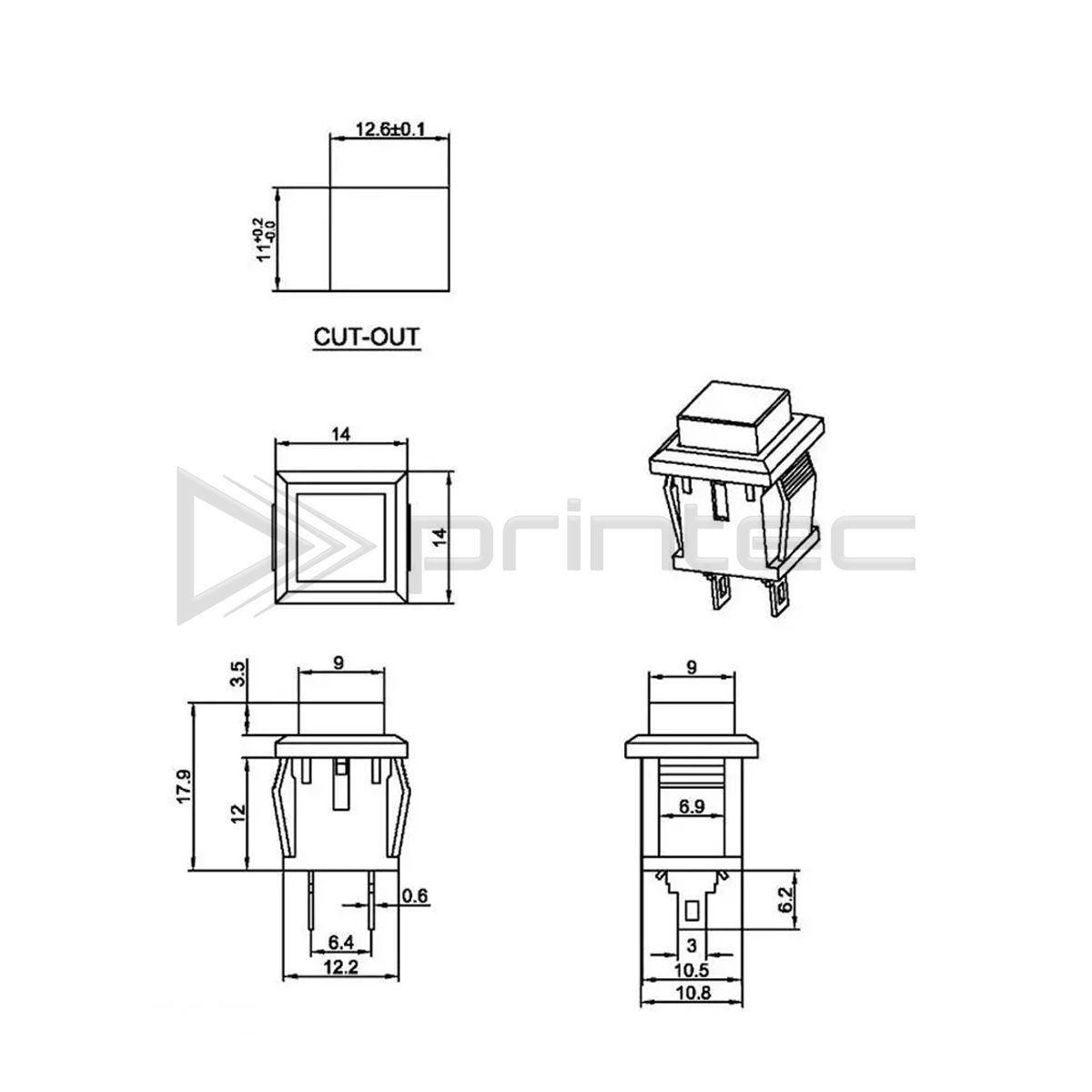 Кнопка DS-430 зеленая квадратная, без фиксации, нормально открытая