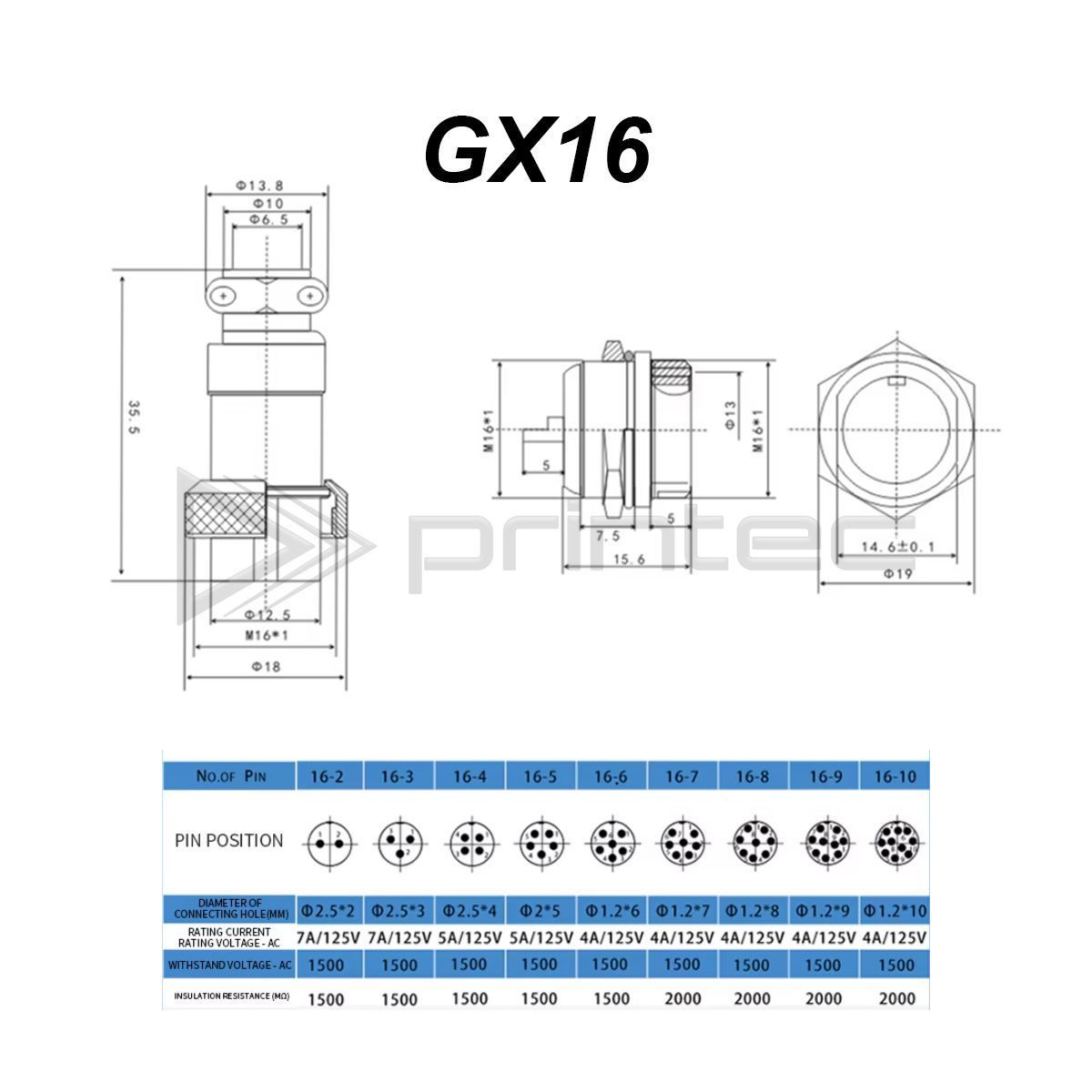Разъём GX16-6 пара папа-мама, резьбовой штекер+розетка, гнездо 6 PIN